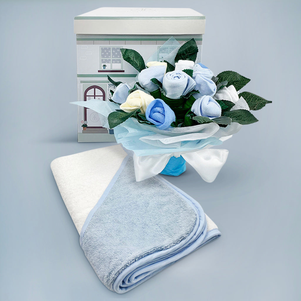 Welcome Baby Clothes Bouquet With Hooded Baby Towel, Blue | Babyblooms