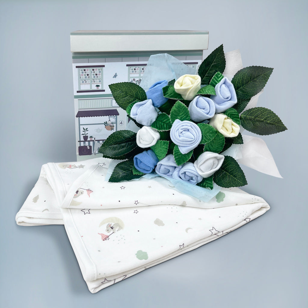 Welcome Posy with Baby Wrap, Blue | Babyblooms | New Baby Boy Gifts