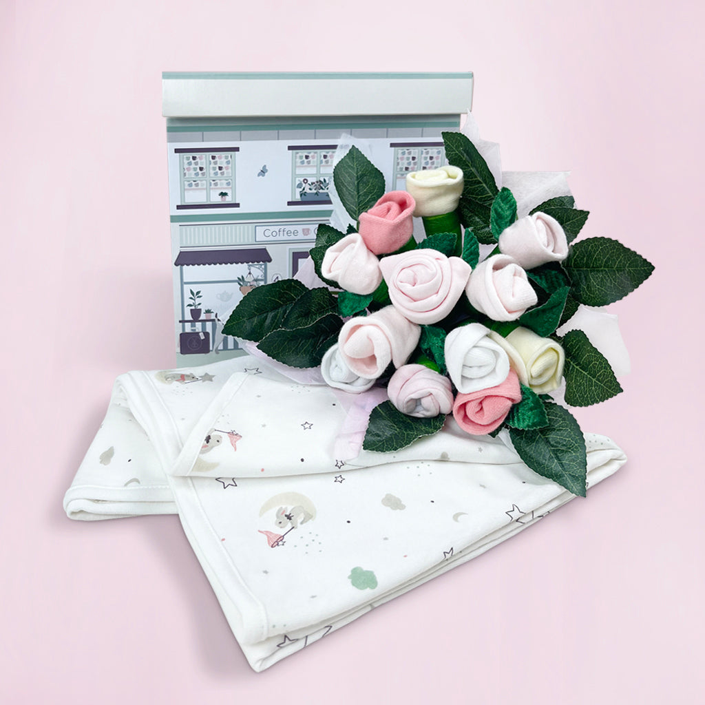 Welcome Posy with Baby Wrap, Pink | Babyblooms | New Baby Girl Gifts